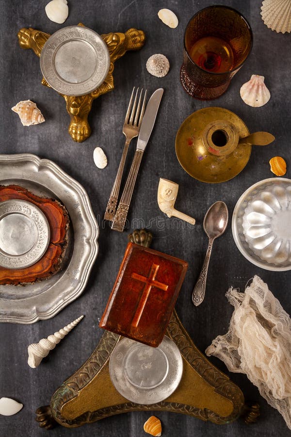 Various Antique Objects on Black Chalkboard Background Stock Image ...