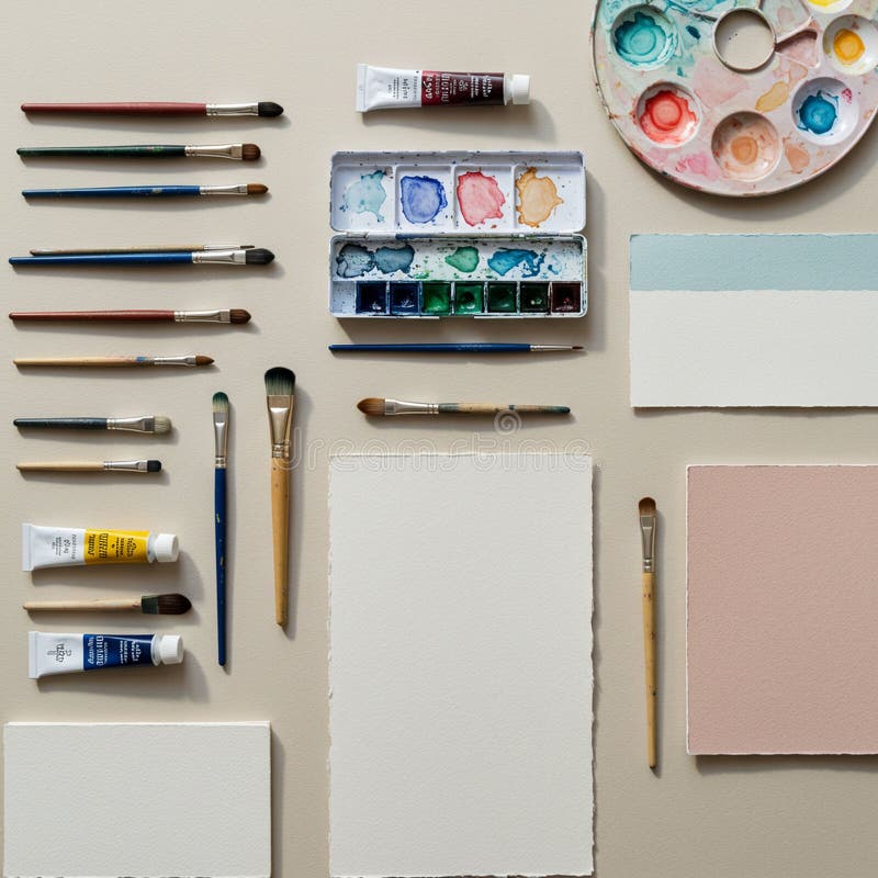 Various Art Supplies are Neatly Arranged on a Flat Surface. There are ...