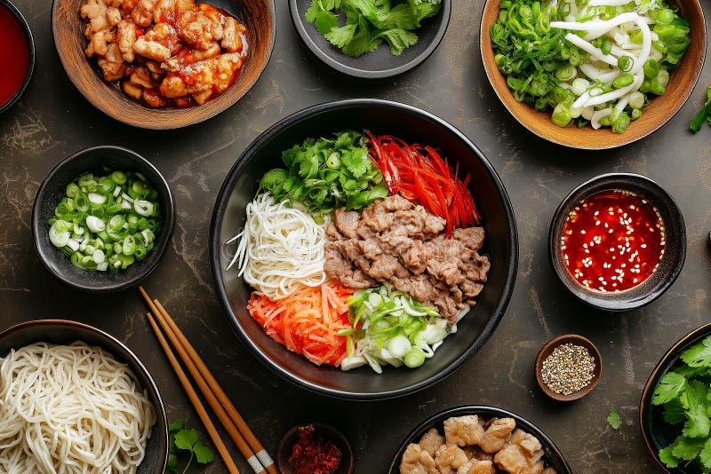 Top View of Asian Food Bowls with Deconstructivism and Geometry Stock ...