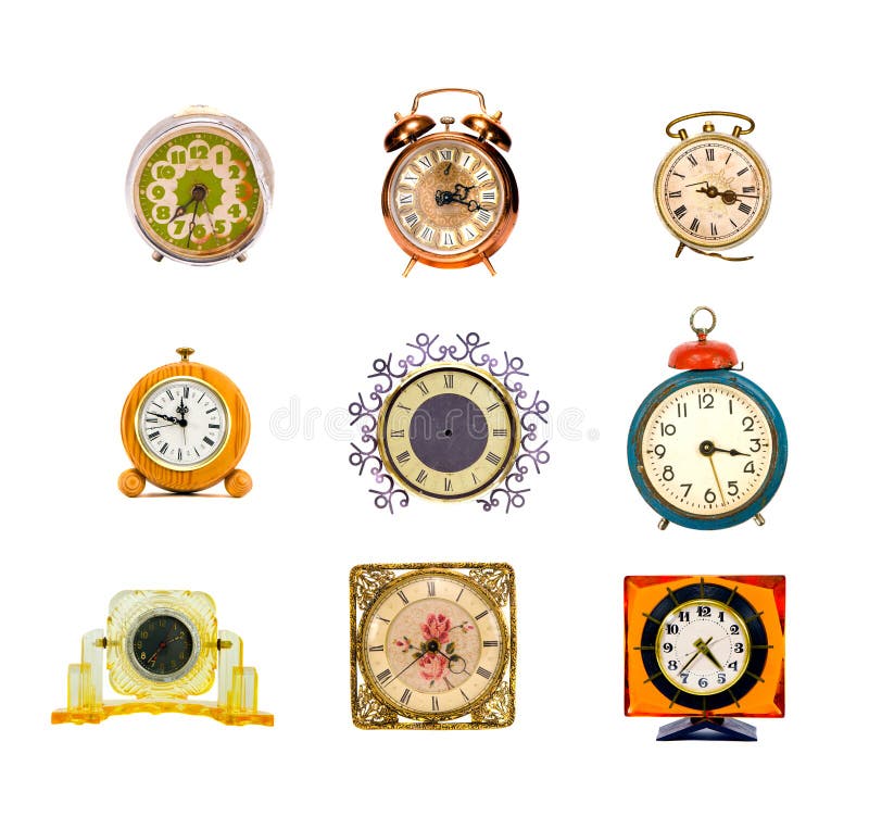 Various Assorted Clocks Group Isolated on White Stock Photo - Image of ...