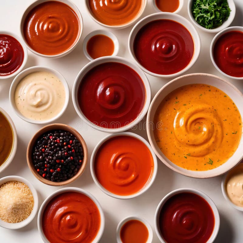 Various Assorted Sauces and Condiments in Bowls, Cooking Ingredients ...