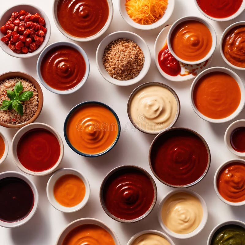 Various Assorted Sauces and Condiments in Bowls, Cooking Ingredients ...