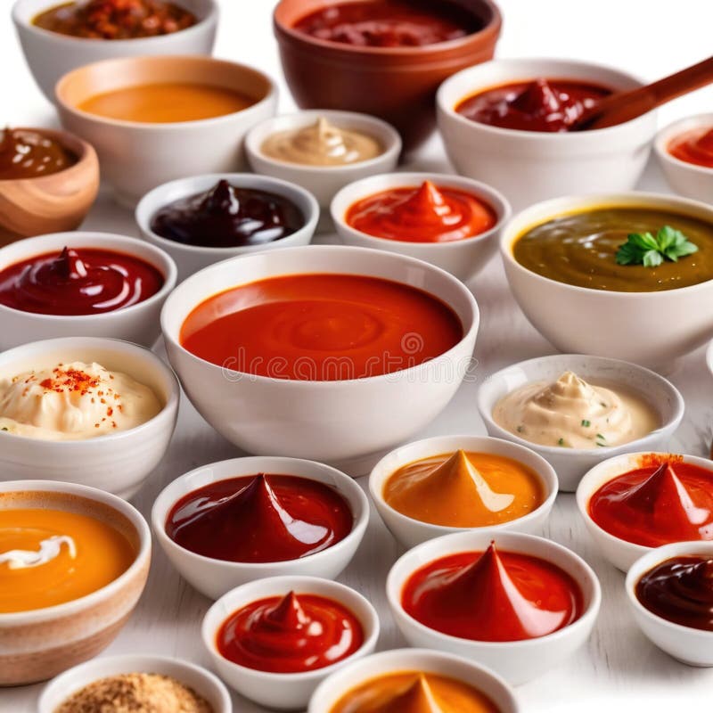 Various Assorted Sauces and Condiments in Bowls, Cooking Ingredients ...