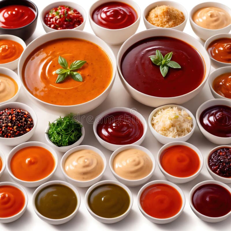 Various Assorted Sauces and Condiments in Bowls, Cooking Ingredients ...