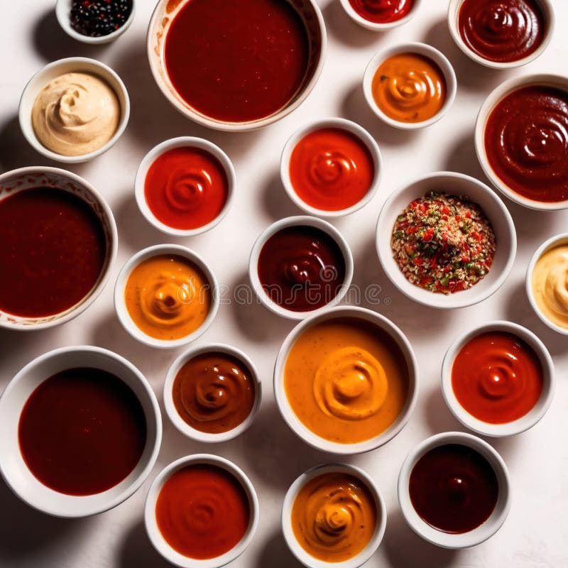 Various Assorted Sauces and Condiments in Bowls, Cooking Ingredients ...