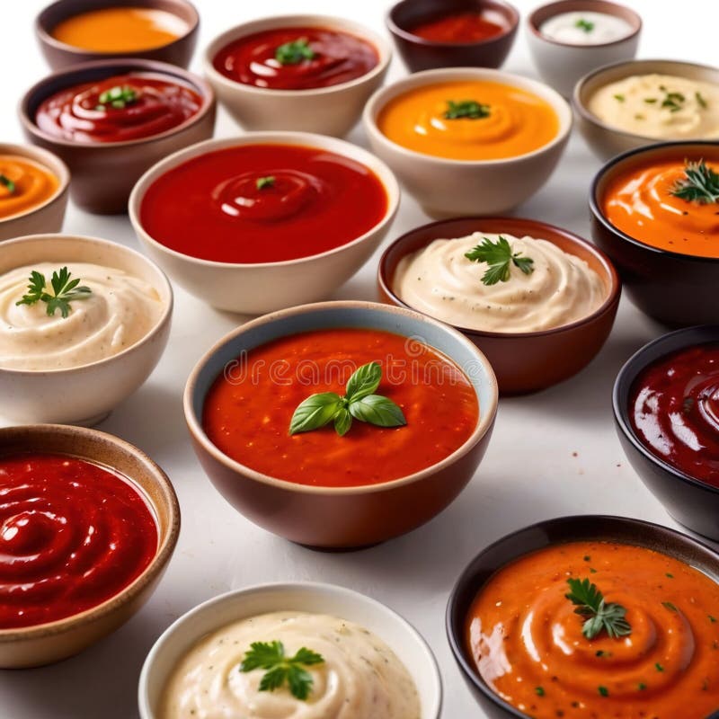 Various Assorted Sauces and Condiments in Bowls, Cooking Ingredients ...