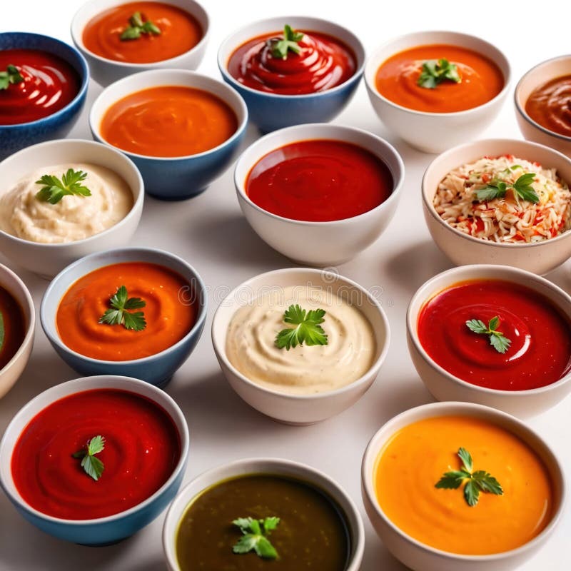 Various Assorted Sauces and Condiments in Bowls, Cooking Ingredients ...