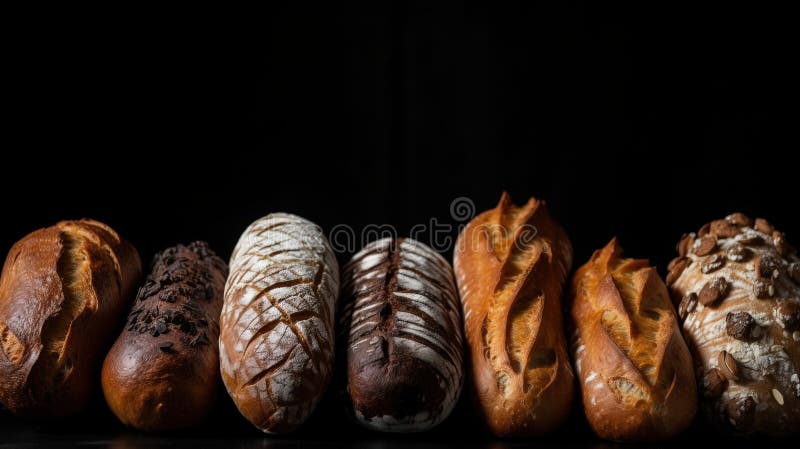 Various Assortment of Fresh Bread in a Row, Black Background Isolate ...