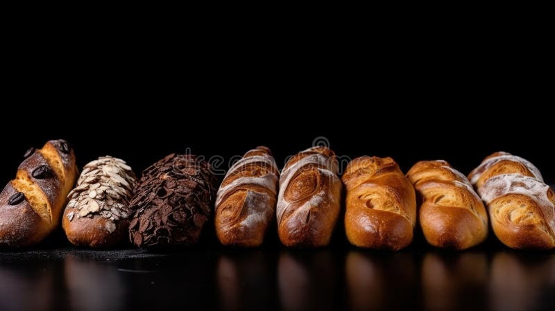 Various Assortment of Fresh Bread in a Row, Black Background Isolate ...