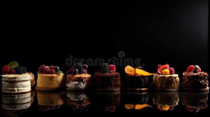 Various Bakery Cakes with Fruit and Chocolate, Cream, Black Background ...