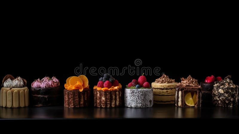 Various Bakery Cakes with Fruit and Chocolate, Cream, Black Background ...