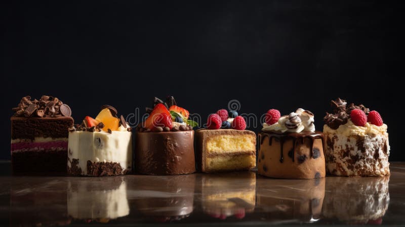 Various Bakery Cakes with Fruit and Chocolate, Cream, Black Background ...