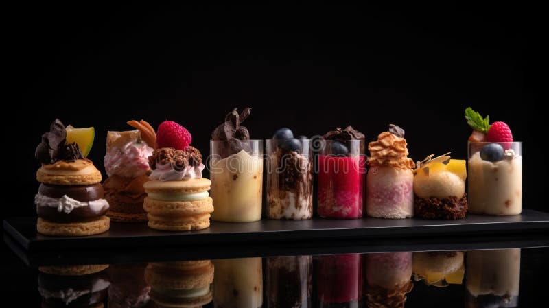 Various Bakery Cakes with Fruit and Chocolate, Cream, Black Background ...