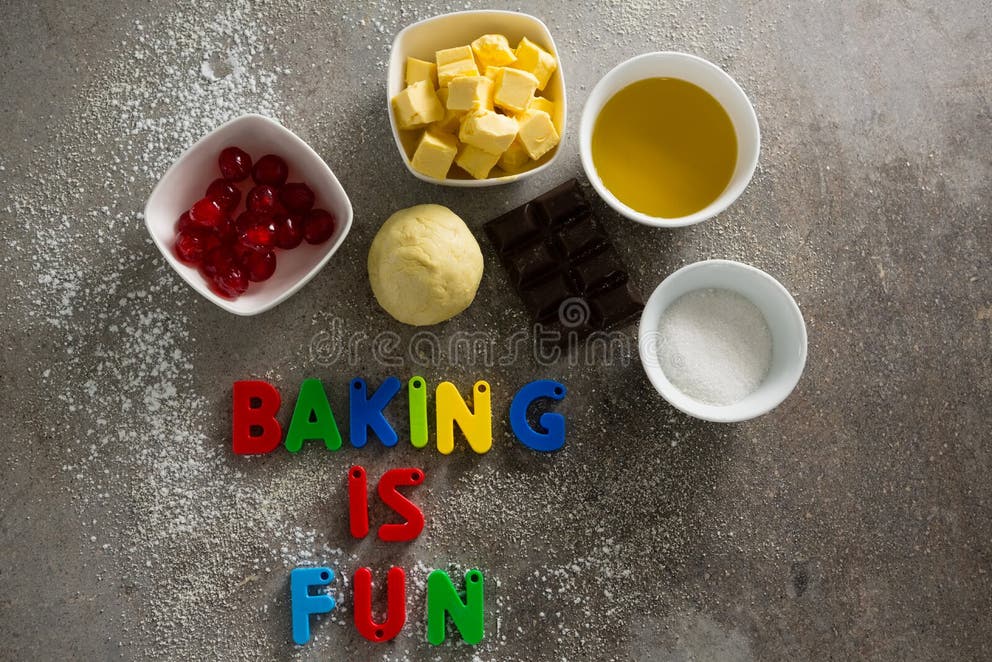 Various Baking Ingredients and Alphabet Forming Baking is Fun Stock ...