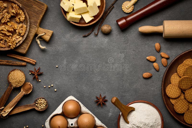 Flat Lay Various Baking Ingredients Tools Black Background Stock Photos ...