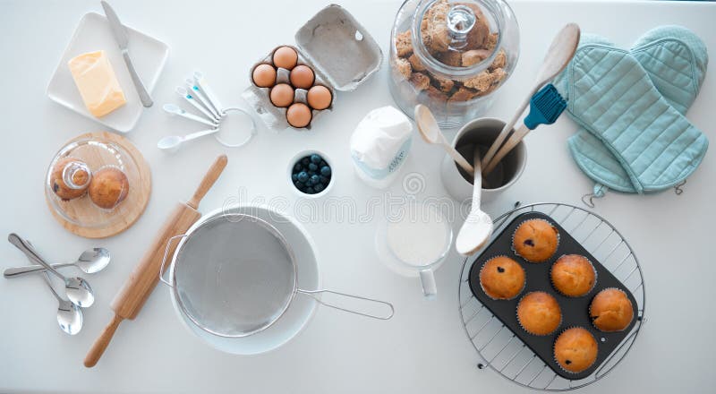 Various Baking Products on Kitchen Counter from Above. Baking Utensils ...