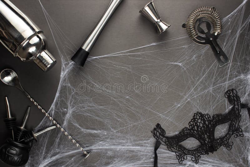 Various Bar Accessories Such Against the Backdrop of a Spider Web on a ...