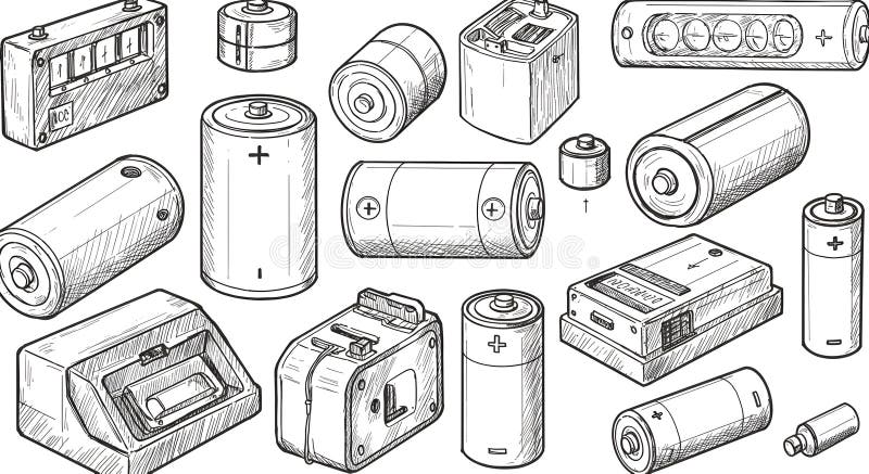 Various Battery Types and Devices in Hand Drawn Style for Energy ...
