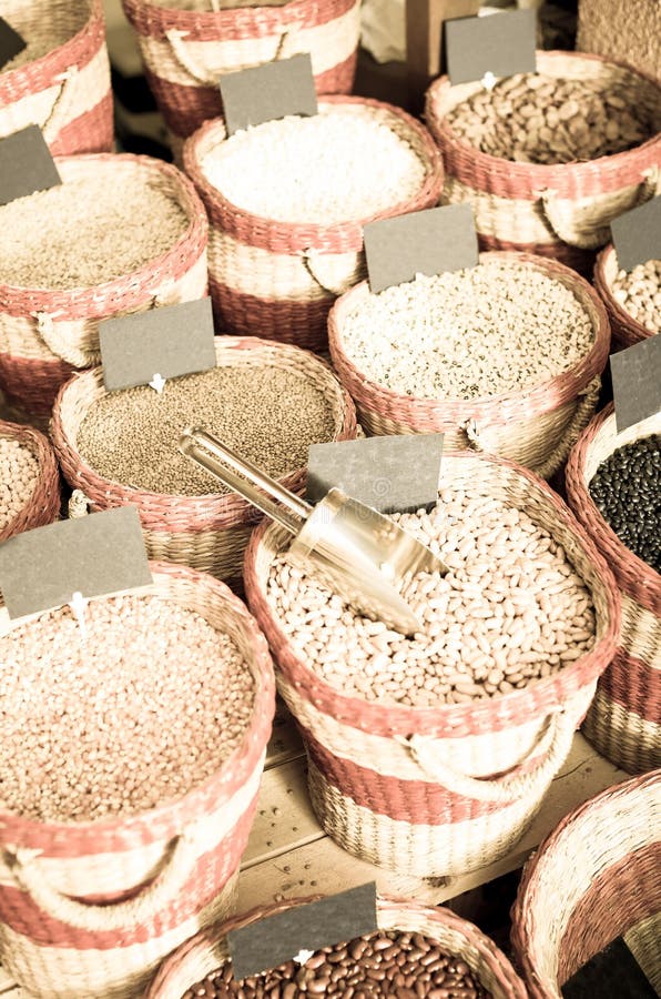 Various Beans in Baskets Selling Stock Photo - Image of legume ...