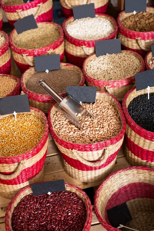 Various Beans in Baskets Selling Stock Image - Image of basket, kidney ...