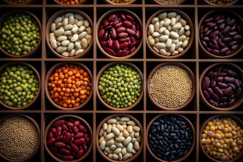 Various Beans Presented in Top View, Organized within Small Wooden ...