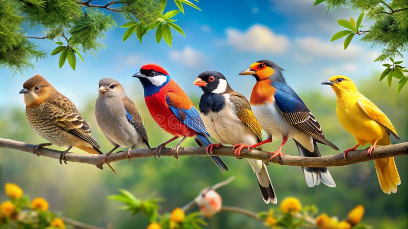 Various Bird Species Perched Together on the Same Tree Branch Stock ...