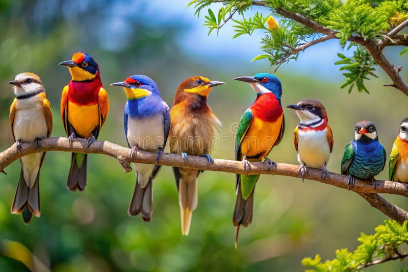 Various Bird Species Perched Together on the Same Tree Branch Stock ...