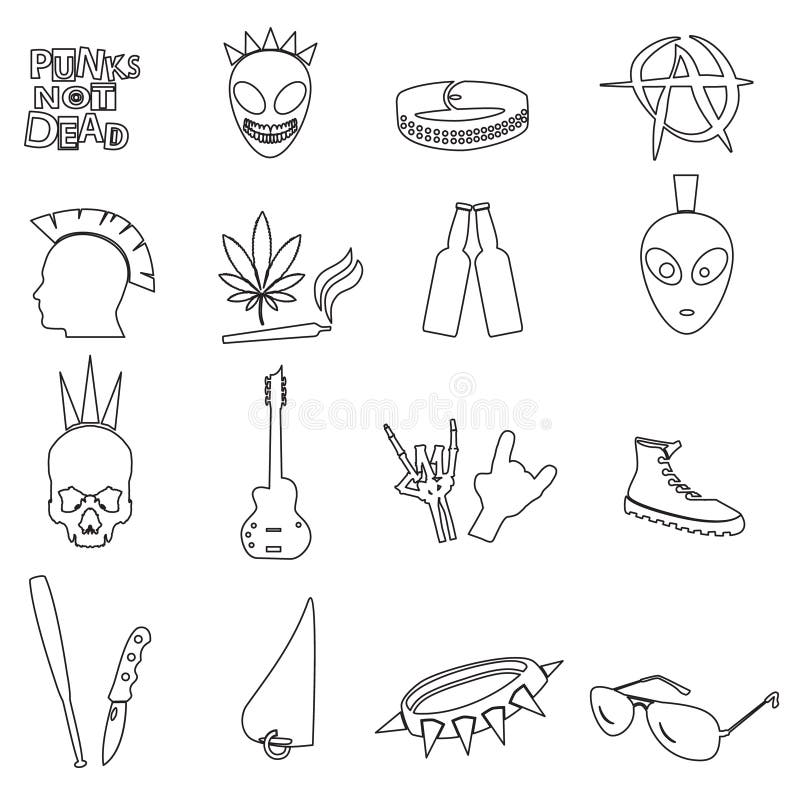Various Black Punk Outline Icons Set Eps10 Stock Vector - Illustration ...