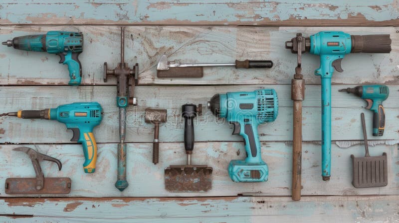 Various Blue Power Tools are Laid Out on a Weathered, Blue, Wooden ...
