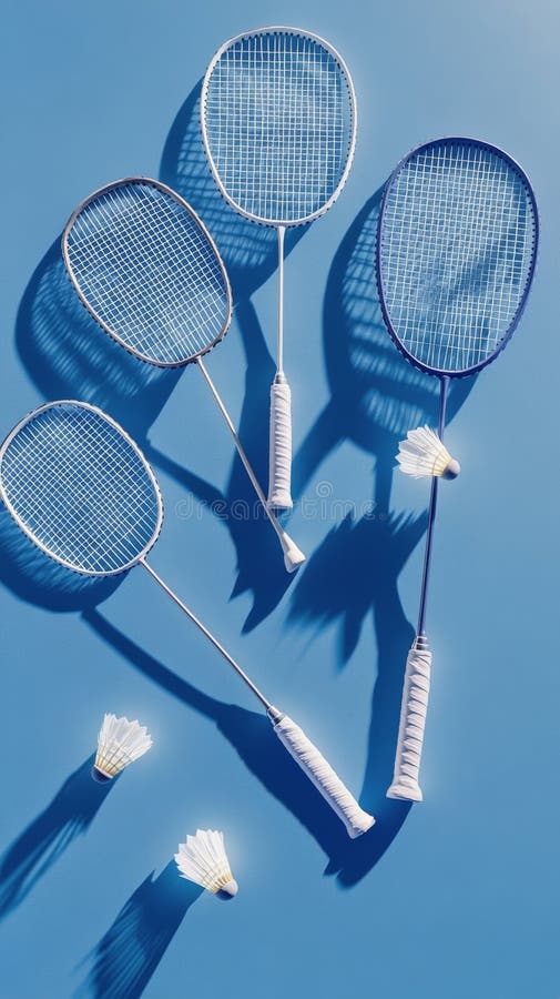 Various Blue Tennis Rackets and Shuttlecocks Arranged on a Bright Blue ...