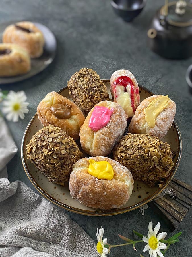 Bomboloni Dessert Vanilla Blueberry Chocolate Flavor Stock Photo ...