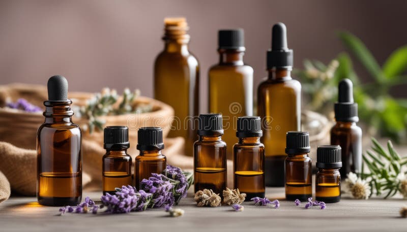 Various Bottles of Essential Oils and Herbs Stock Illustration ...