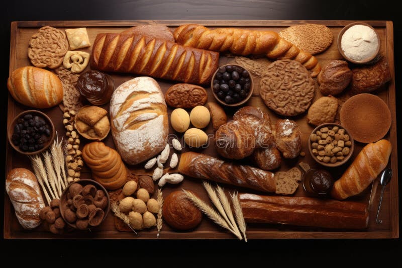 Various Bread Types Arranged on a Board Stock Photo - Image of baguette ...