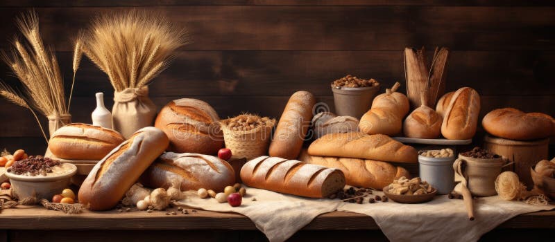 Various Bread Types Displayed on Table, Essential Staple Foods Stock ...
