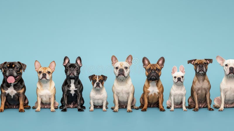 Various Breeded Dogs Sitting on a Blue Color Background Stock ...