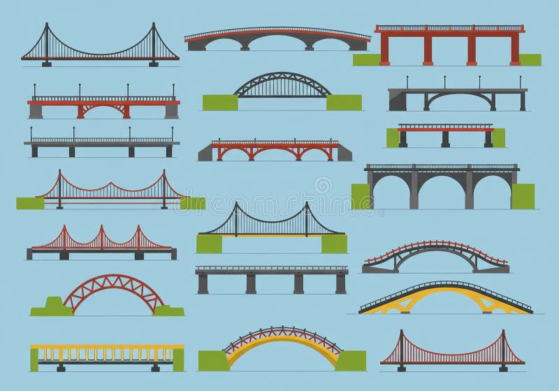 Various Bridge Styles Flat Vector Set Illustration Stock Illustration ...