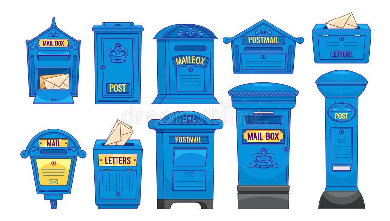 Various British Blue Mailboxes Displaying Assorted Styles and Designs ...