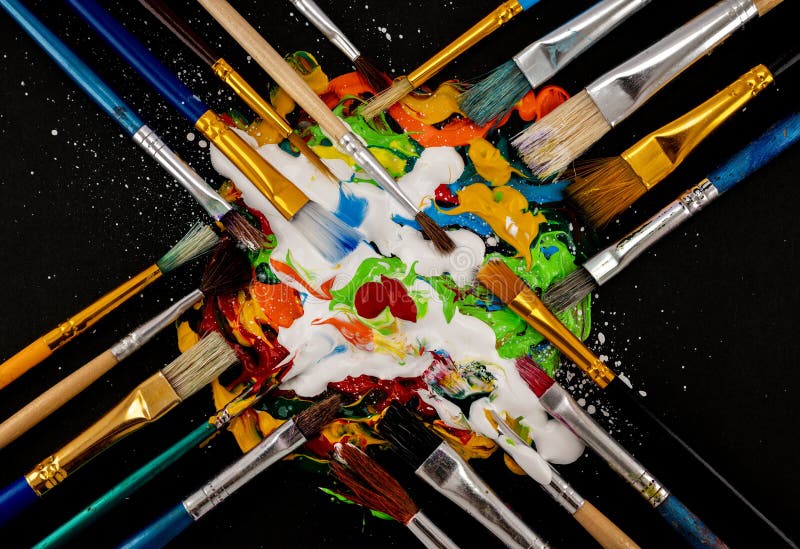 Various Brushes and Various Colors on a Black Base Stock Image - Image ...