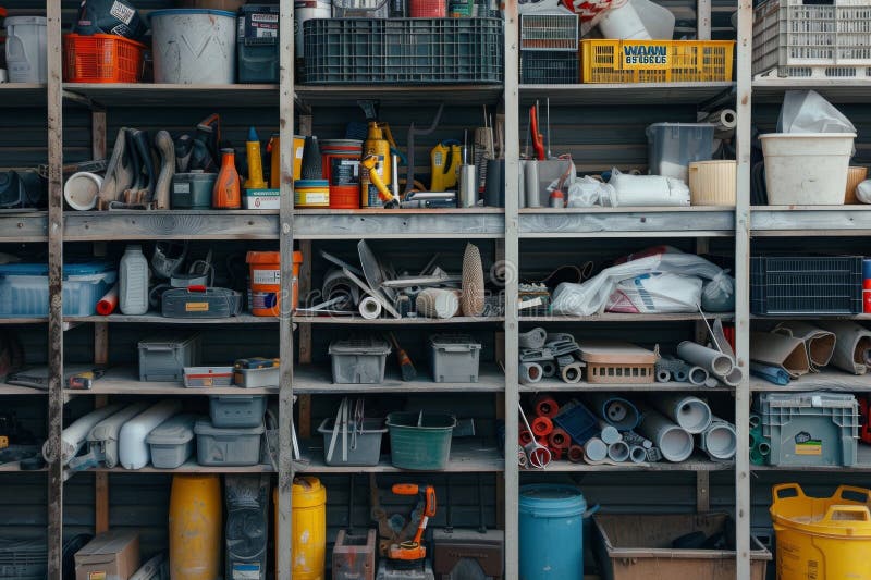 Various Building Materials and Tools Organized on a Shelf at a Hardware ...