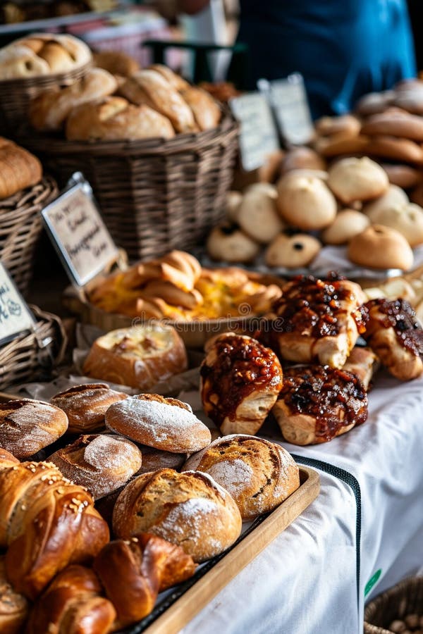 Various Buns and Baked Breads on a Market Counter. Selective Focus ...