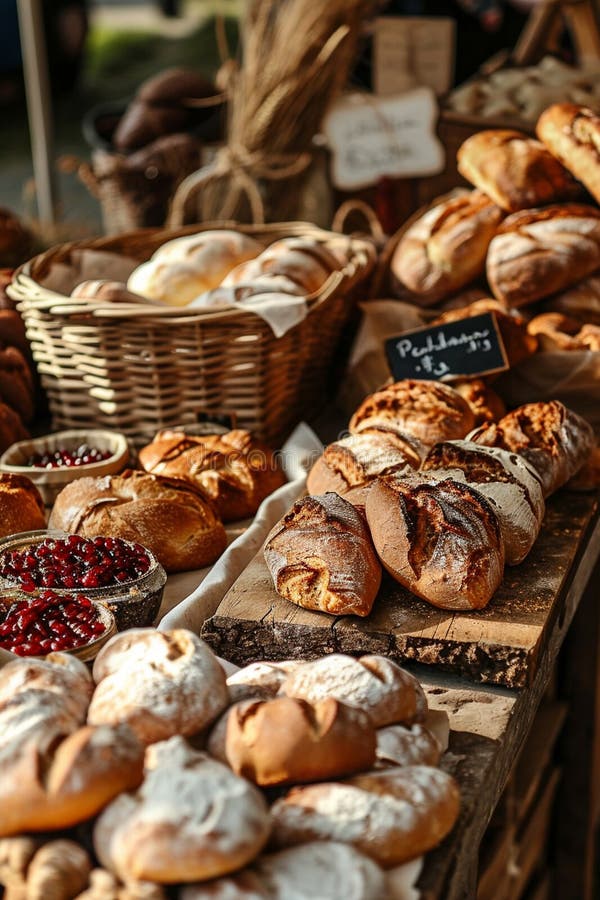 Various Buns and Baked Breads on a Market Counter. Selective Focus ...