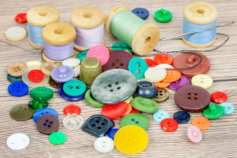 Various buttons on table stock photo. Image of plastic - 111650282