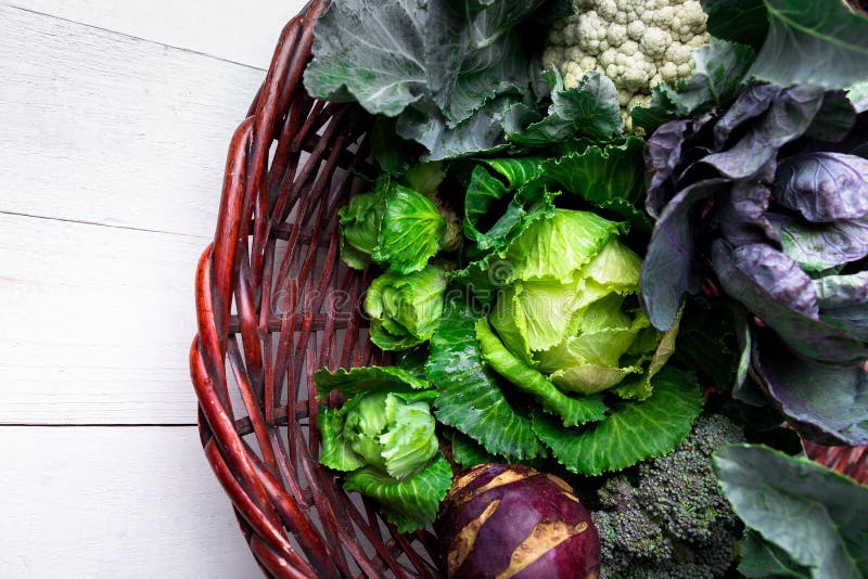 Various of Cabbage Broccoli Cauliflower. Assorted of Cabbages in Basket ...