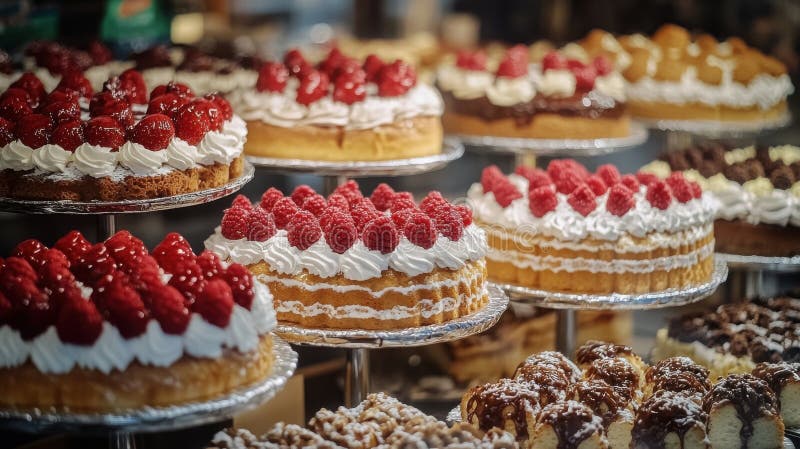 Various Cakes Displayed on Stands in a Bakery Setting Stock Image ...