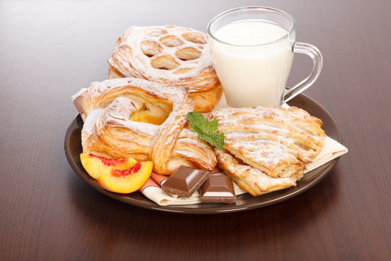 Various Cakes and Milk Breakfast Stock Photo - Image of background ...