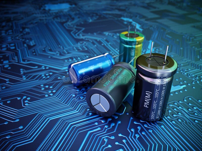 Various Capacitors Standing on the Green-blue PCB. 3D Illustration ...