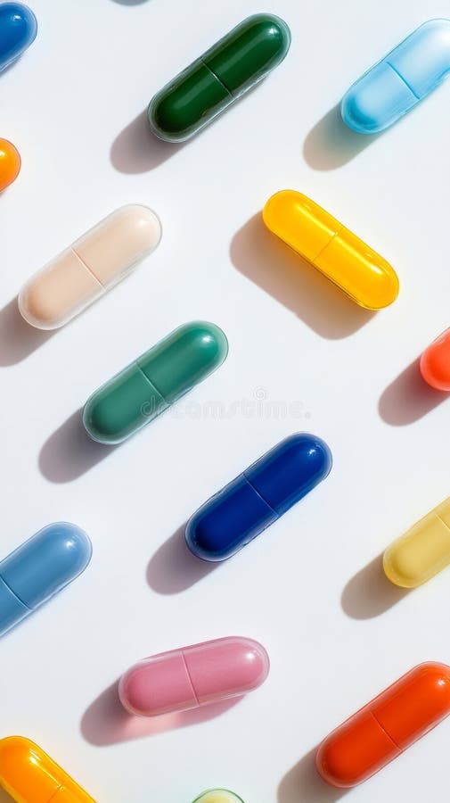 Colorful Assortment of Capsules Scattered on a White Surface during ...