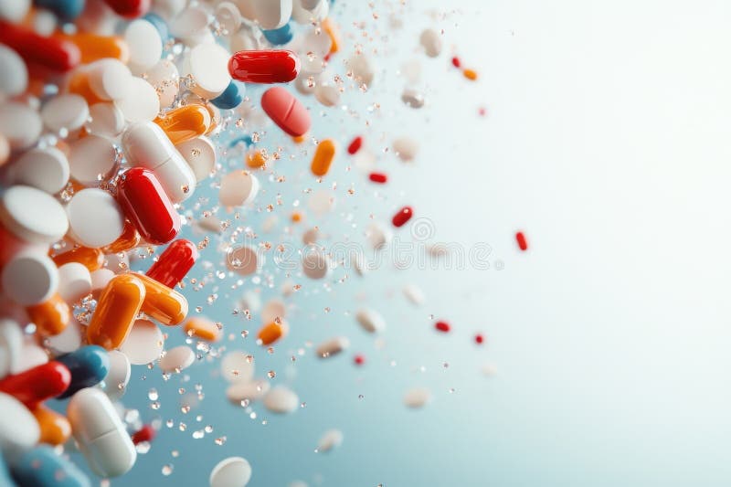 Colorful Assortment of Medication Capsules and Tablets Falling Against ...