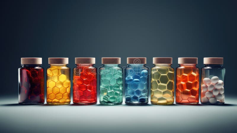 Various Capsules and Tablets Inside Hexagonal Jars, Arranged in a ...