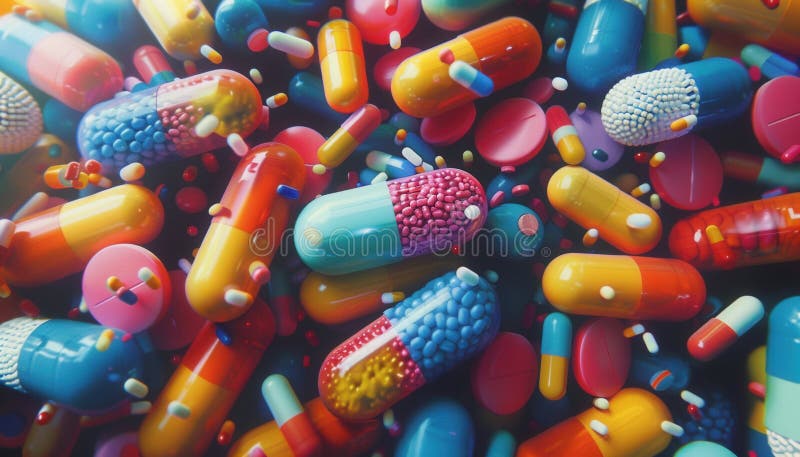 Colorful Assortment of Capsules and Tablets Scattered on a Surface ...